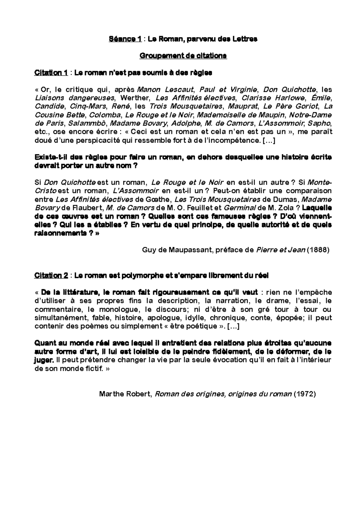 Groupement de citations sur le roman PROF - Séance 1 : Le Roman ...