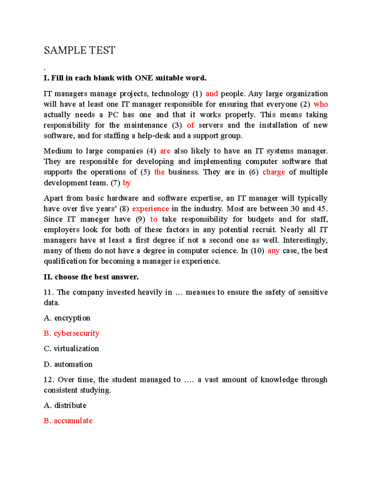 ITM 101 Sample Test: Fill in the Blanks & Multiple Choice Questions ...