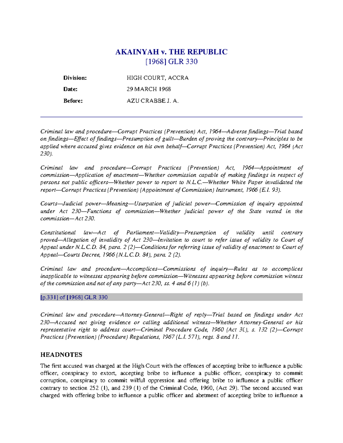 AKAINYAH v. THE REPUBLIC: High Court Ruling on Corruption Charges (GLR ...