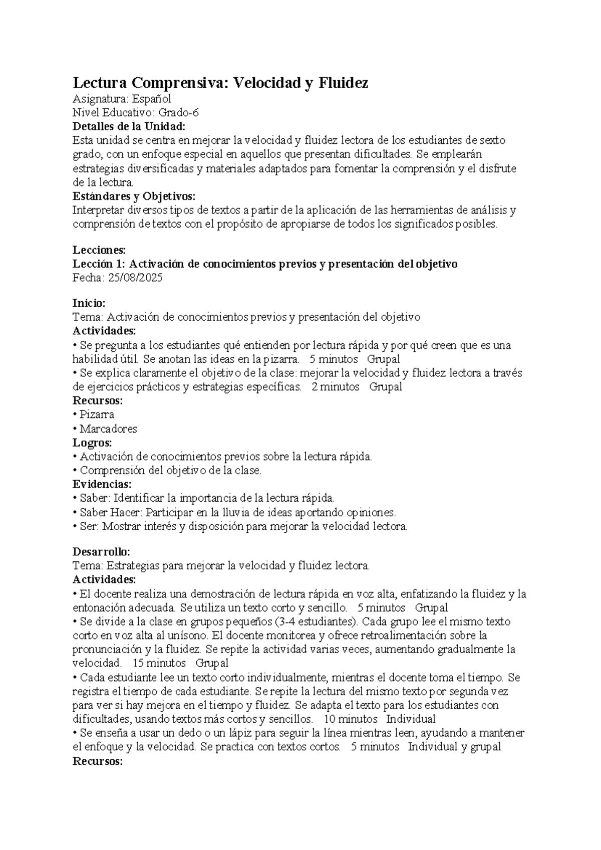 Lectura Comprensiva: Velocidad y Fluidez en Español - 6to Grado - Studocu