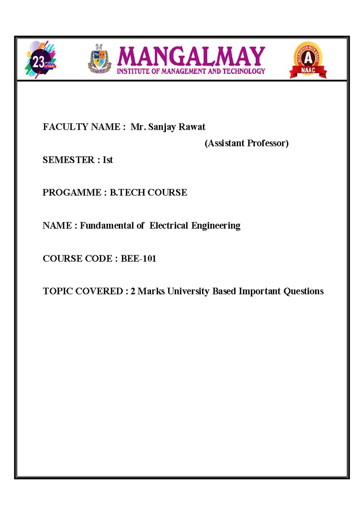 2 Marks Questions for FEE (BEE-101) - Fundamental of Electrical ...