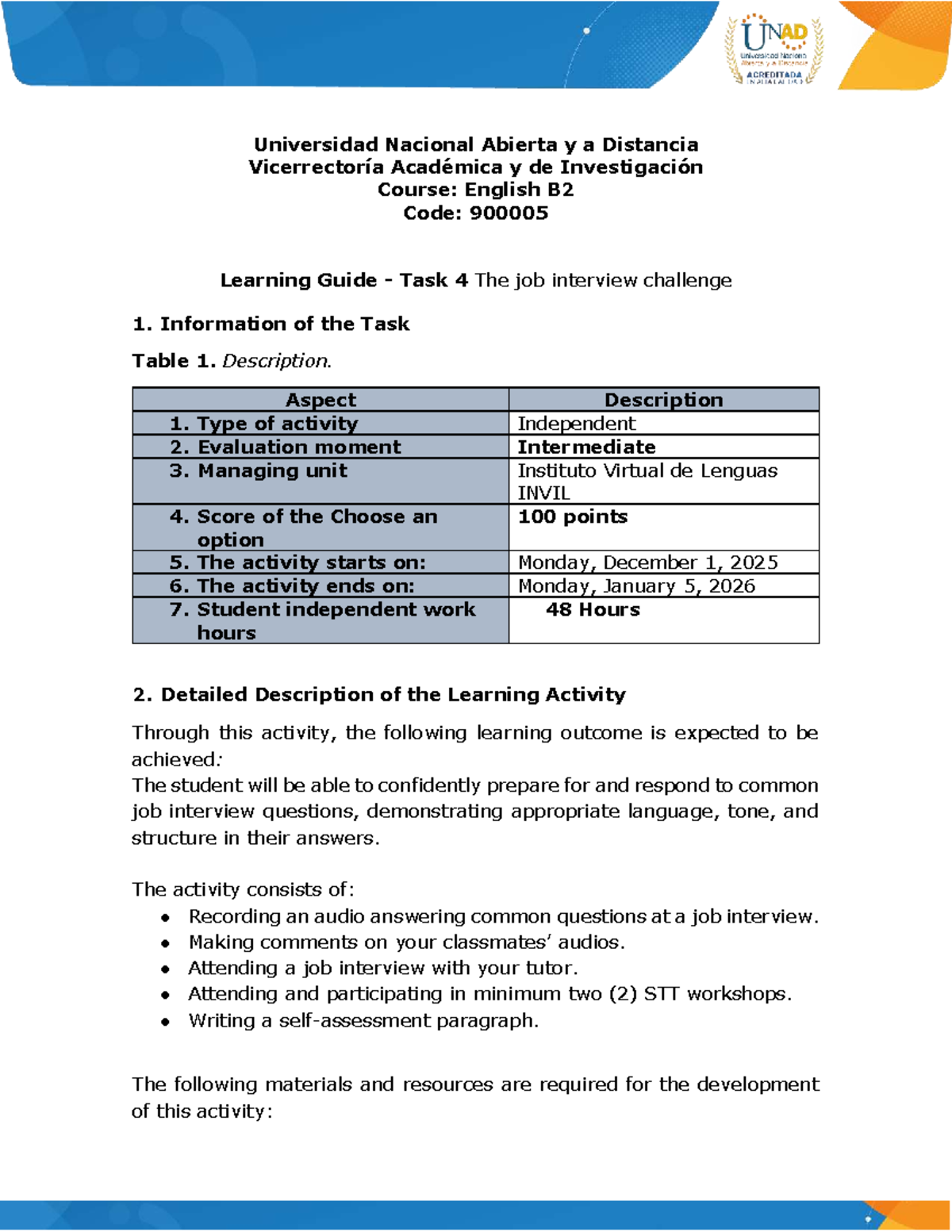 Learning Guide Task 4: Job Interview Challenge - English B2 - Studocu
