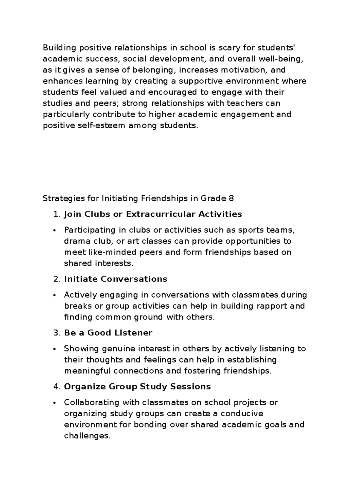 Strategies for Building Positive Relationships in Grade 8 - Studocu
