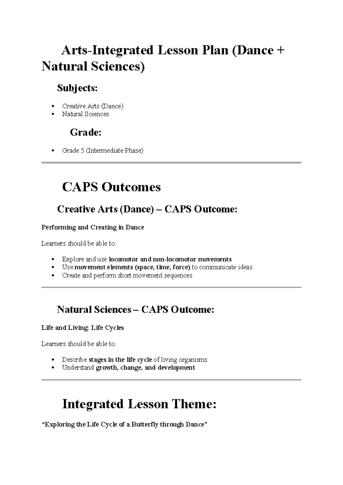 Lesson Plan: Dance & Natural Sciences (Grade 5) - Life Cycle of a ...