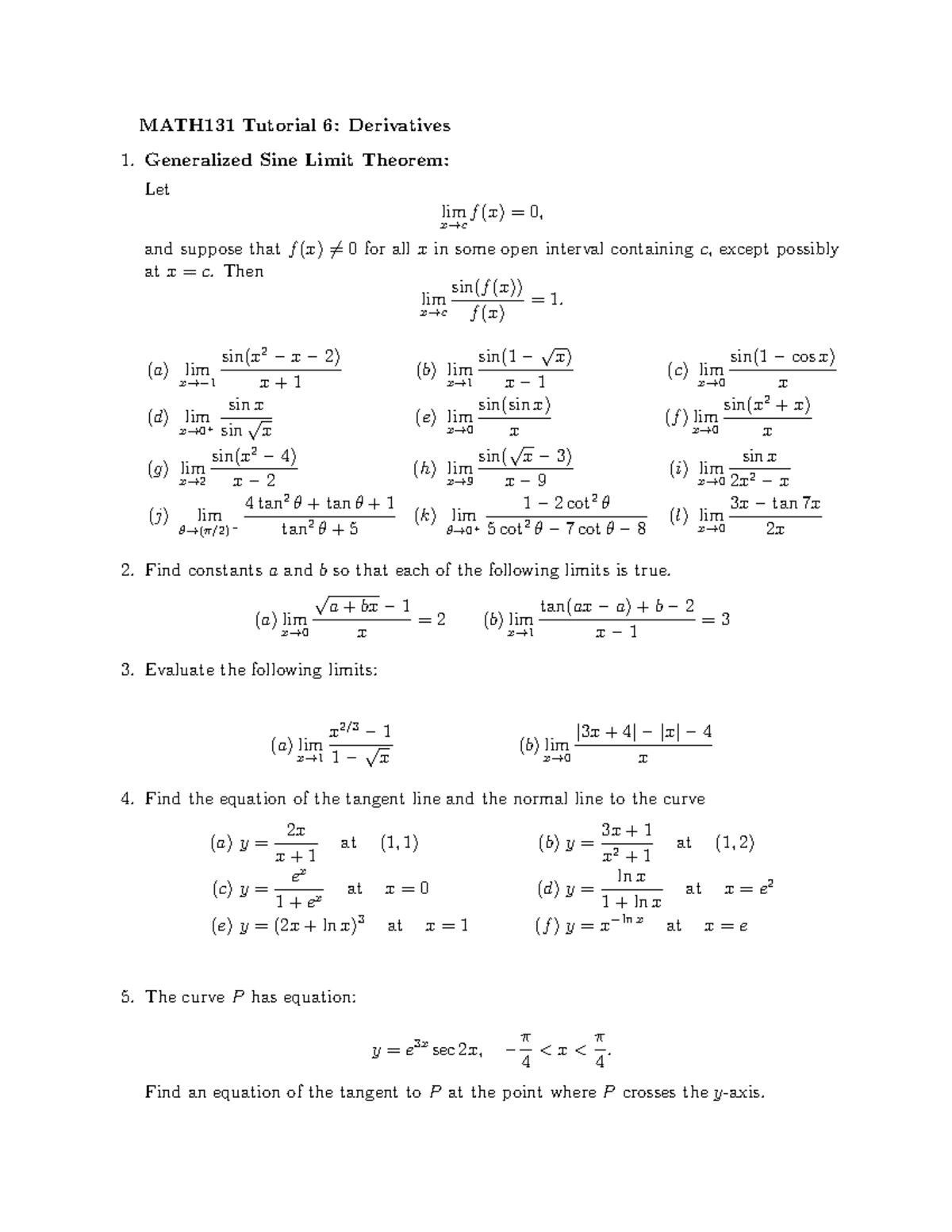 MATH131 Tutorial 6: Exploring Derivatives and Limit Theorems - Studocu