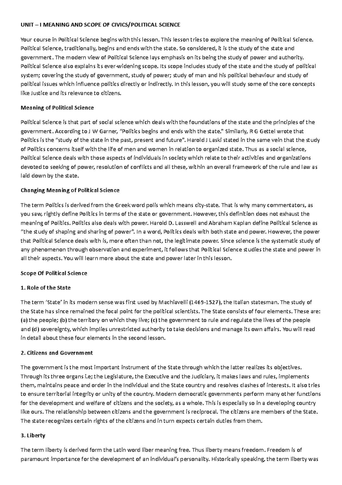 Civics Unit 1: Understanding Meaning and Scope of Political Science ...