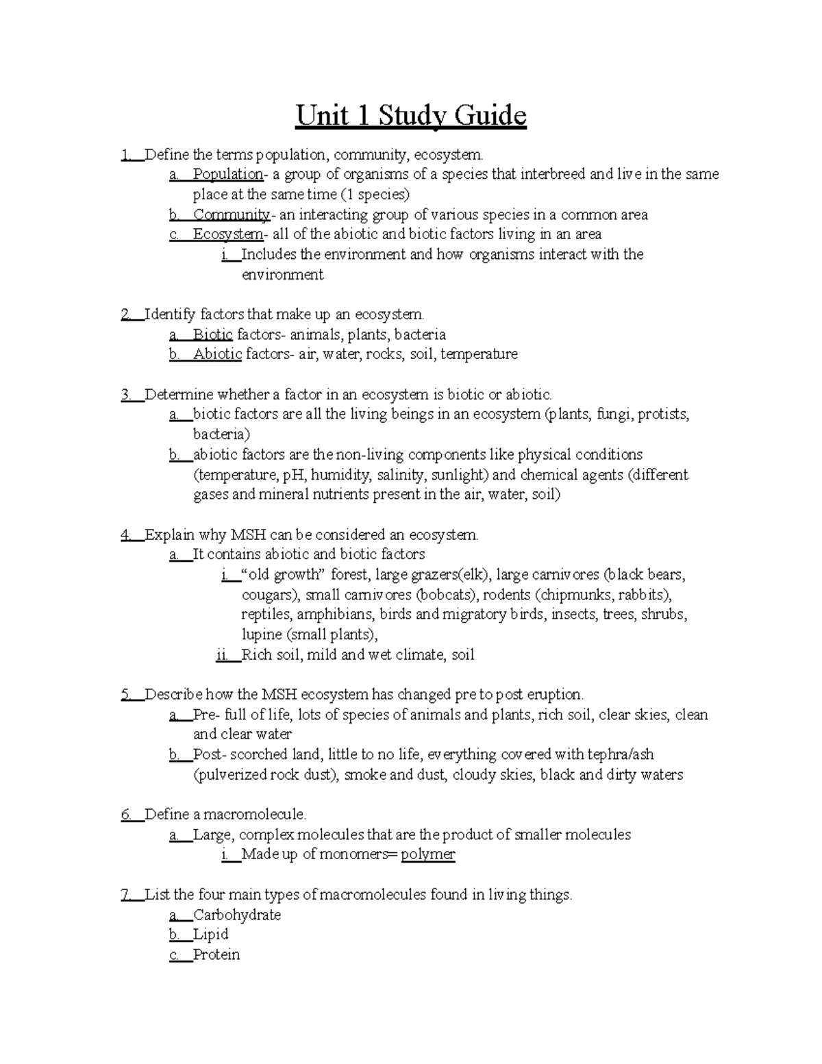 Unit 1 Study Guide-Bio: Ecosystems, Macromolecules, and Nitrogen Cycle ...