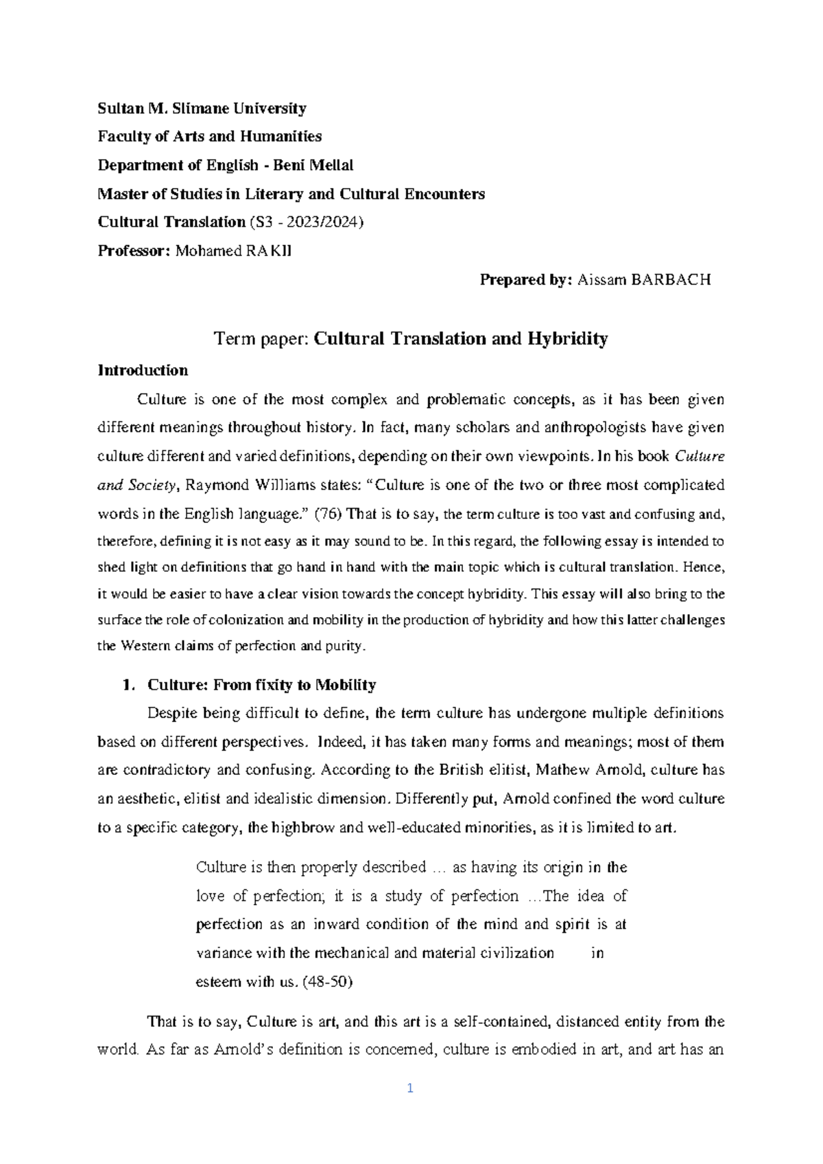 Cultural Translation and Hybridity: A Term Paper (ENG 501) - Studocu