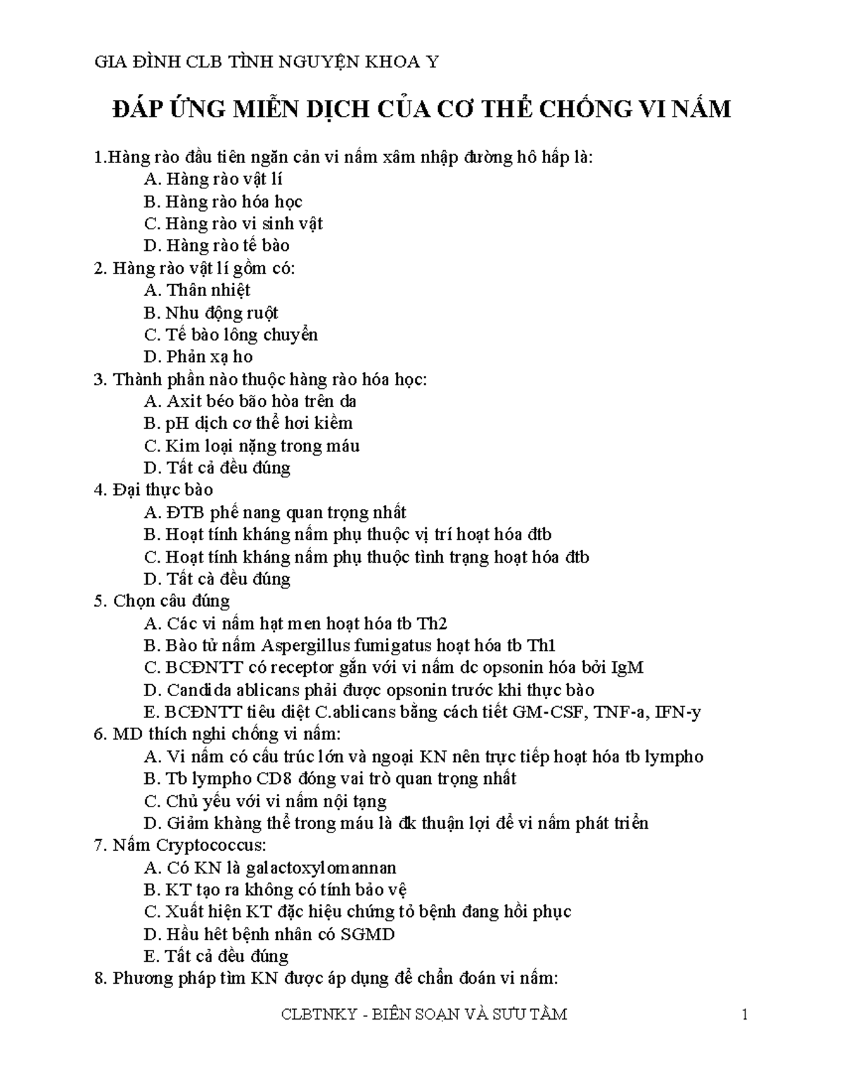 Đáp Ứng Miễn Dịch Chống Vi Nấm - GIA ĐÌNH CLB TÌNH NGUYỆN KHOA Y - Studocu