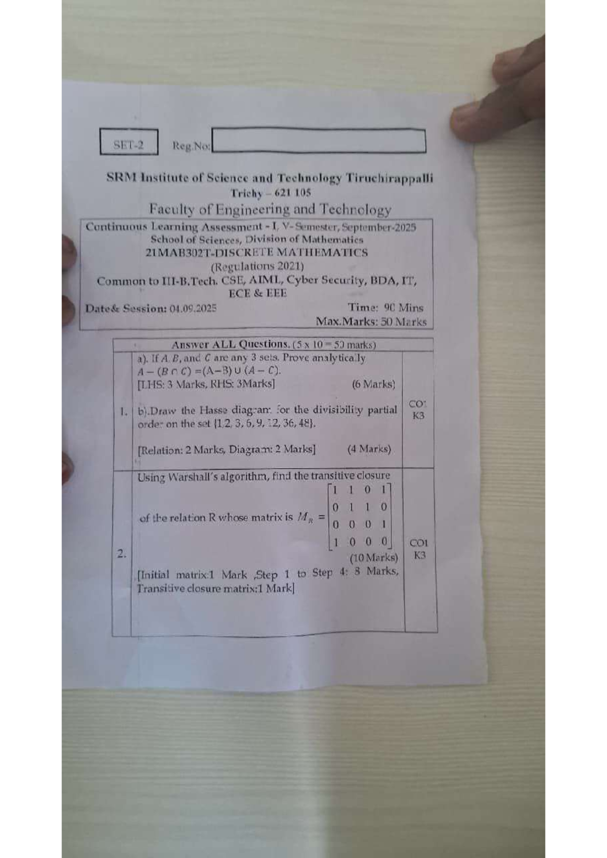 MATHEMATICS CLA I Question Paper - CSE, AIML, Cyber Security, BDA, IT ...