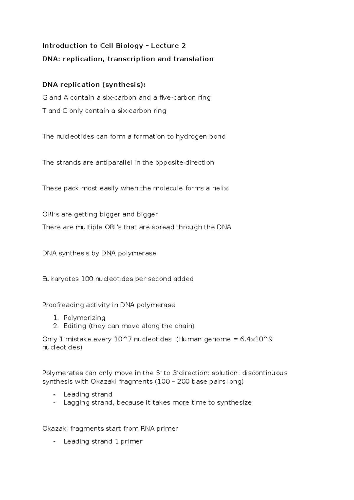 Introduction to Cell Biology Lecture 2: DNA Replication & Transcription ...