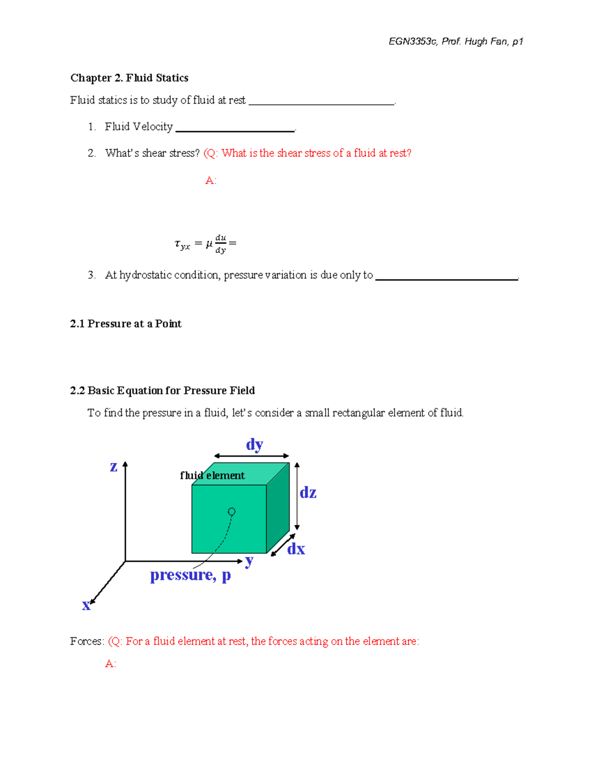 EGN3353c Fluid Statics Lecture Notes - Chapter 2 by Prof. Hugh Fan ...