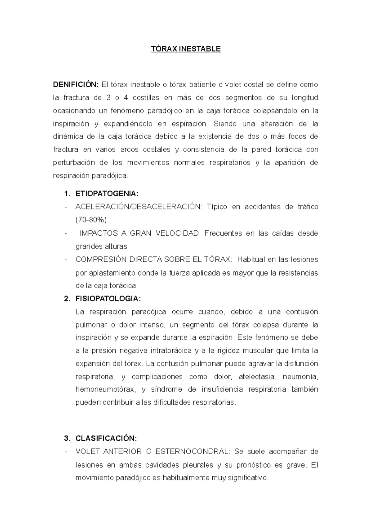 Tórax Inestable: Definición, Etiopatogenia y Fisiopatología - Studocu