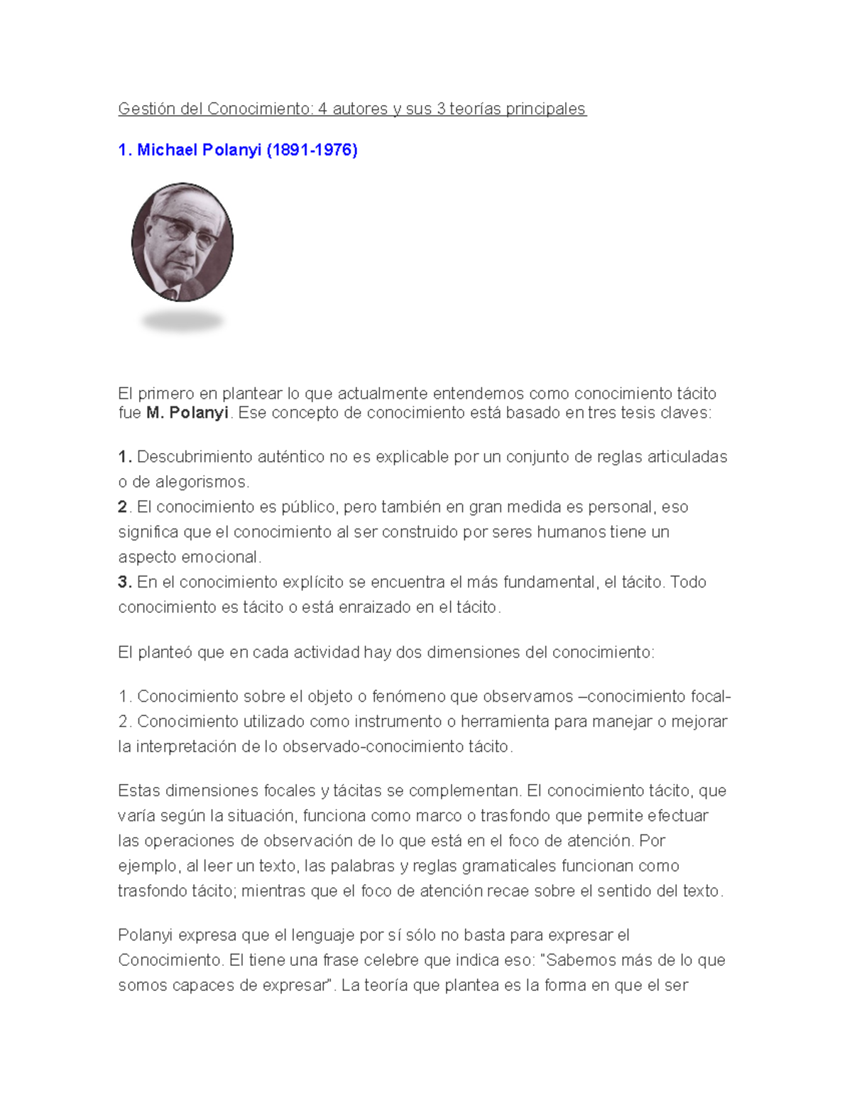 Teorías Clave en la Gestión del Conocimiento: Polanyi y Senge - Studocu