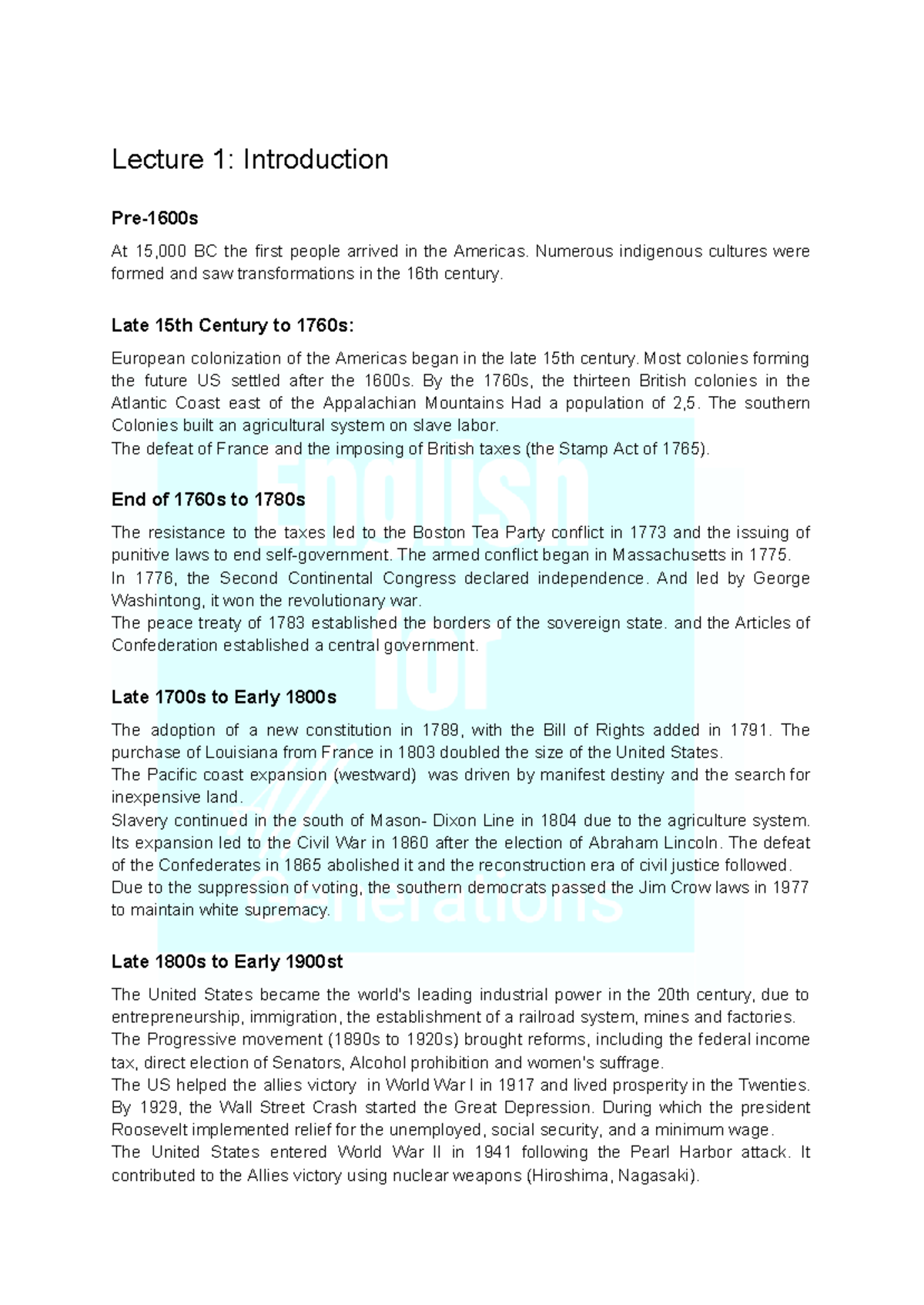 Summary - American civilisation (1) - Lecture 1: Introduction Pre-1600s ...