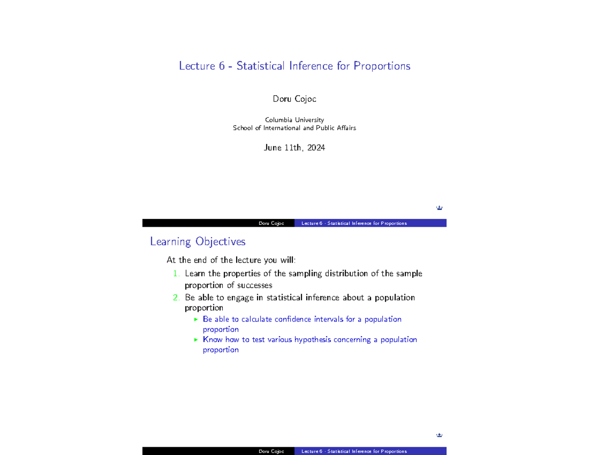 Lecture 6 - Statistical Inference for Proportions (Stat 101) - Studocu