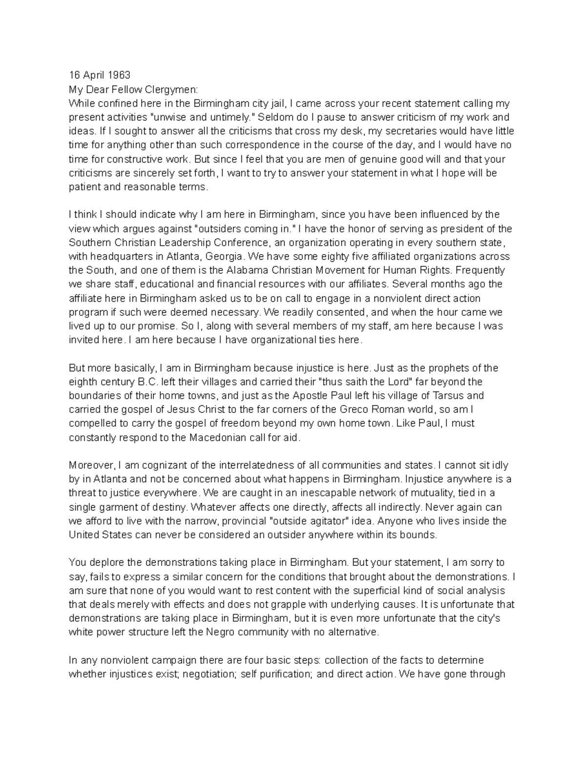 MLK's 'Letter from Birmingham Jail' - A Call for Justice - Studocu