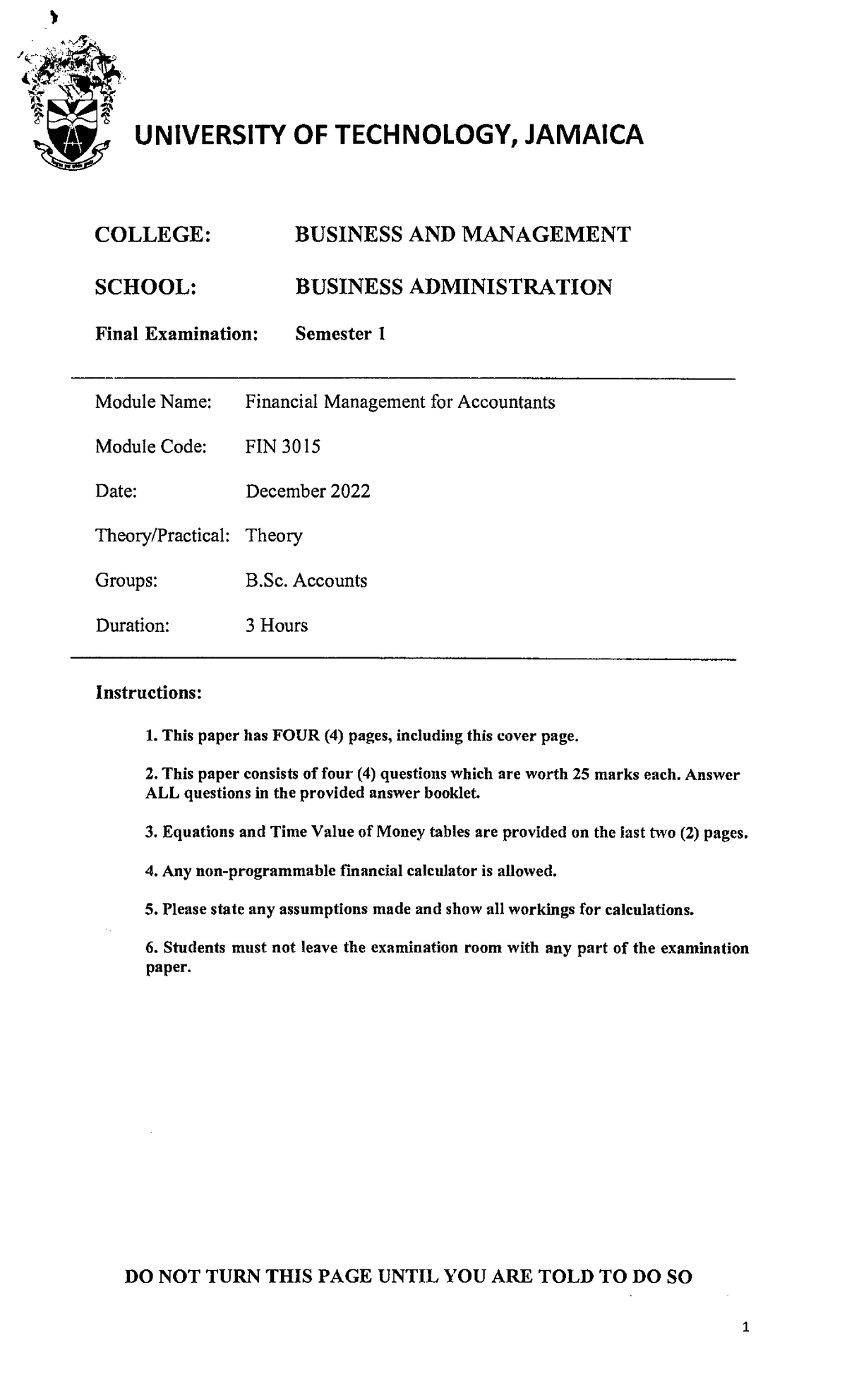22FIN3015SEM1 - Financial Management Final Exam December 2022 - Studocu
