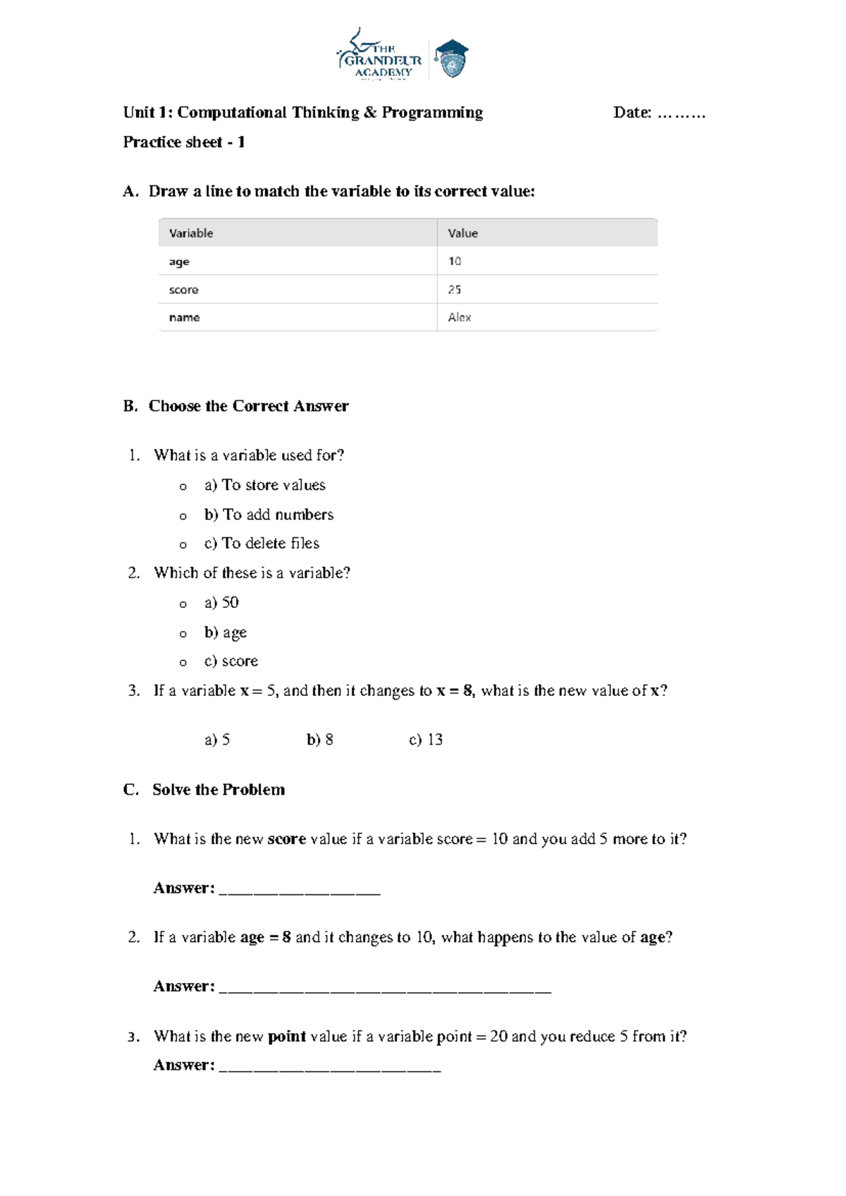 Unit 1: Computational Thinking Programming G4 - Practice Sheet 1 ...