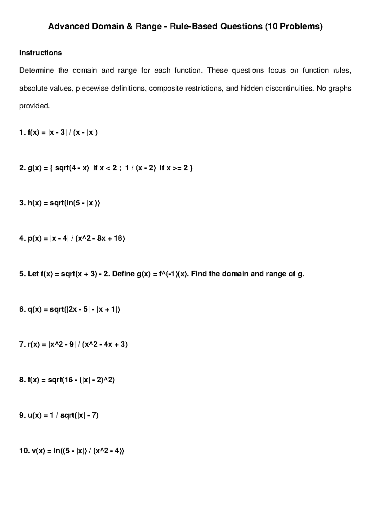 Advanced Domain Range Worksheet - Advanced Domain & Range - Rule-Based ...