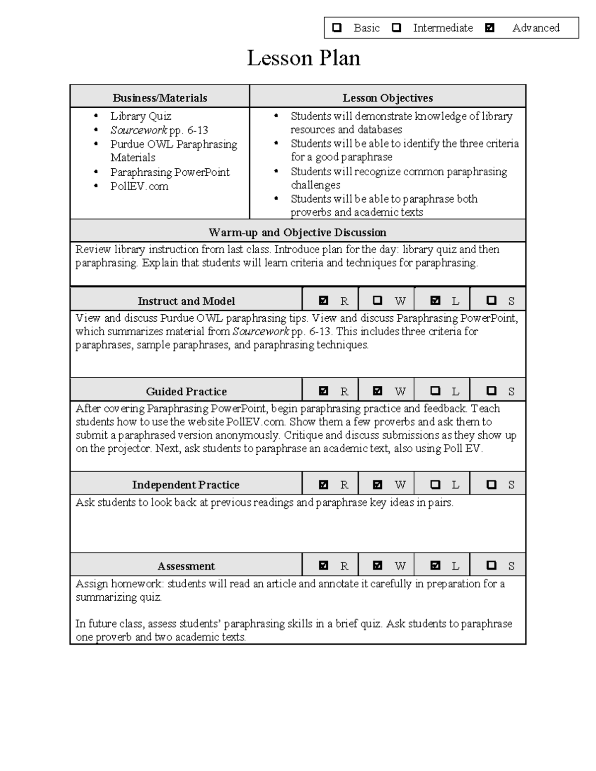 Jacqueline Brady: Library Quiz & Paraphrasing Lesson Plan - Studocu