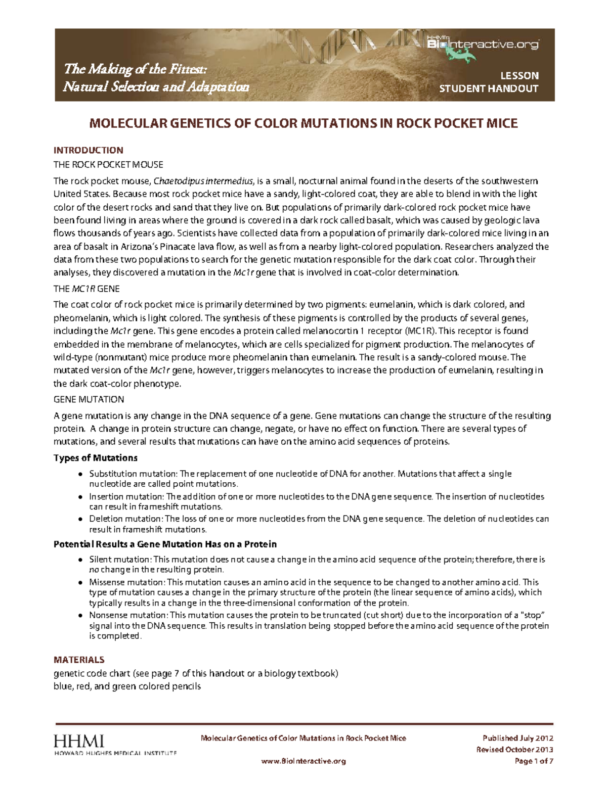 Molecular Genetics of Color Mutations in Rock Pocket Mice: Lesson ...