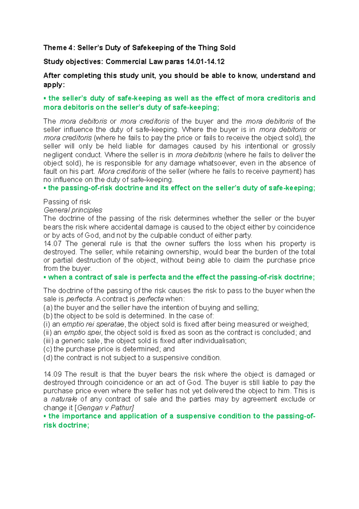 Commercial Law 14: Seller's Duty of Safekeeping & Passing of Risk - Studocu