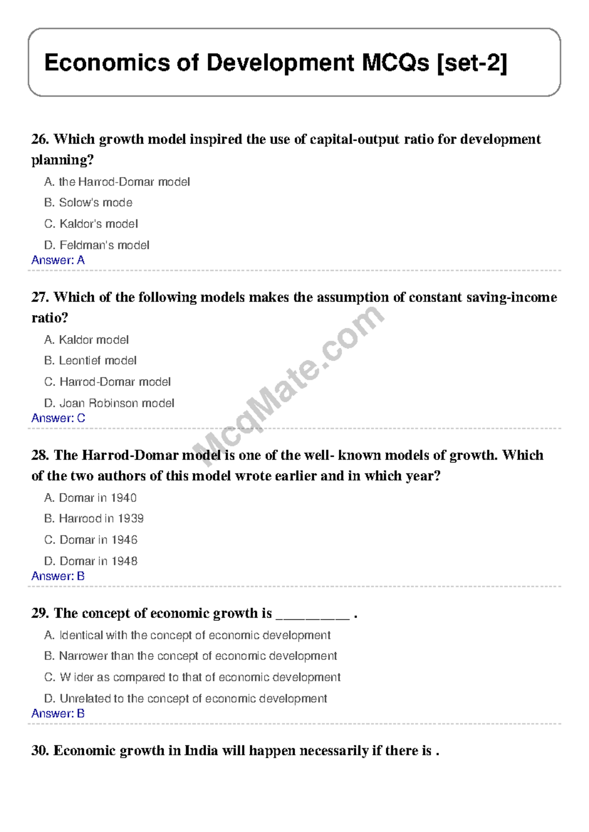 Economics of Development MCQs [Set-2] Analysis & Answers - Studocu
