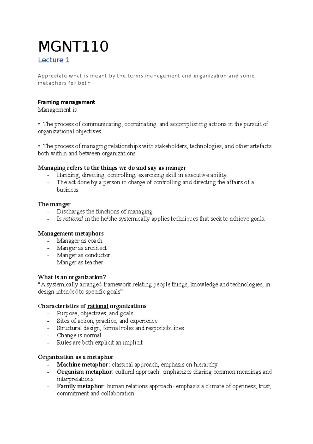 MGNT110 - Lecture notes 1-4 - MGNT110 Lecture 1 Appreciate what is ...