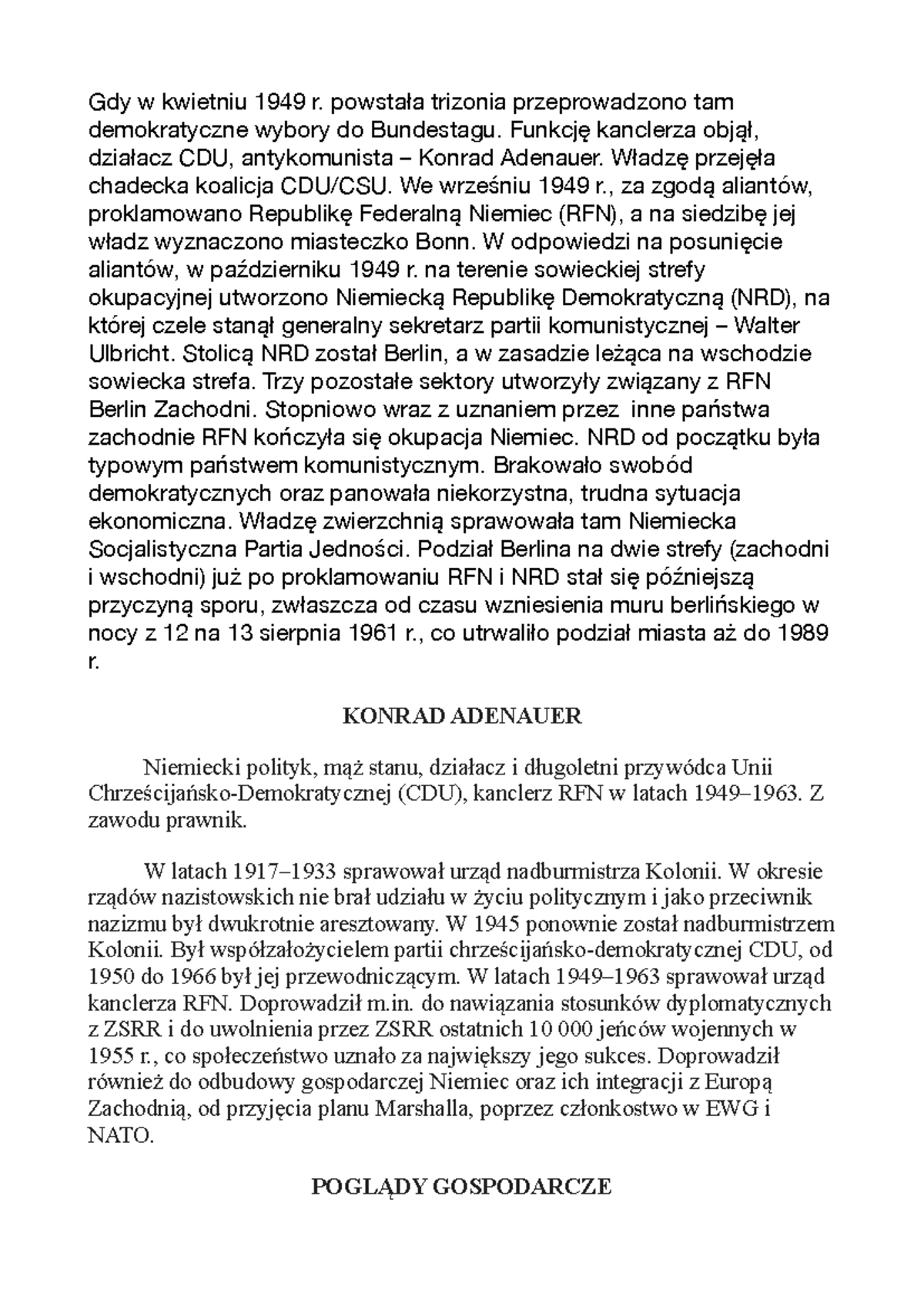 Adenauer i podział Niemiec: Historia RFN i NRD (HIST 101) - Studocu