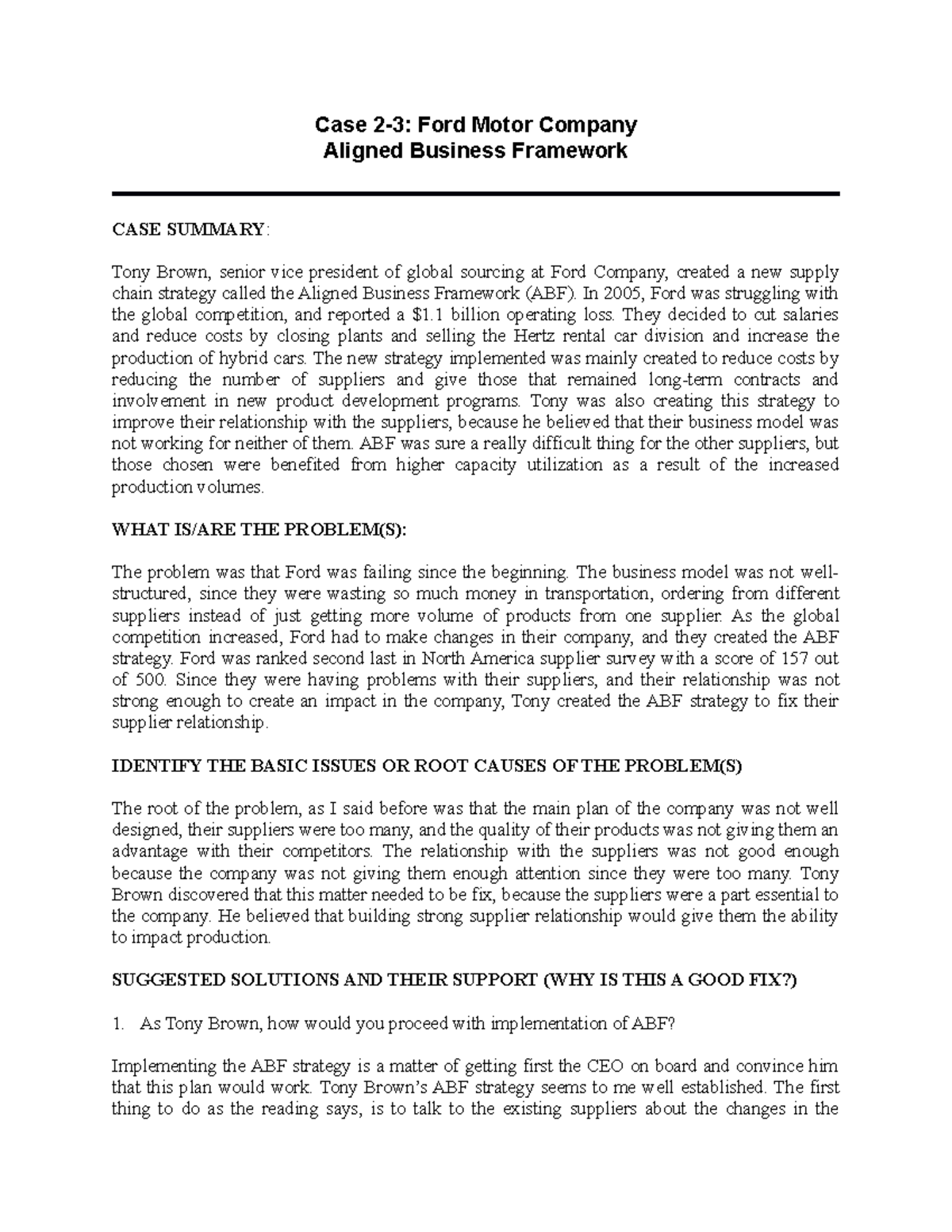 ABF Case Study: Ford Motor Company's Aligned Business Framework - Studocu