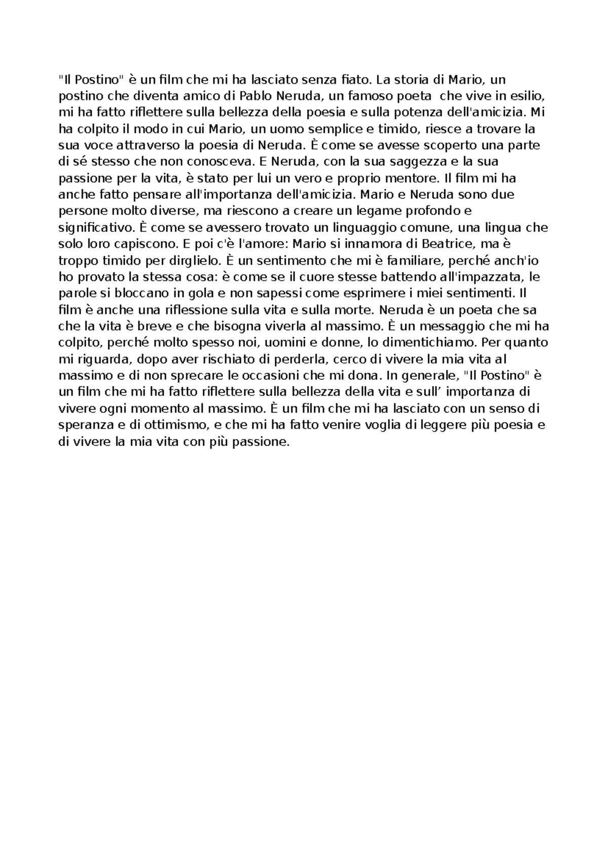 Riflessione sul film "Il Postino": Amicizia e Poesia - Studocu