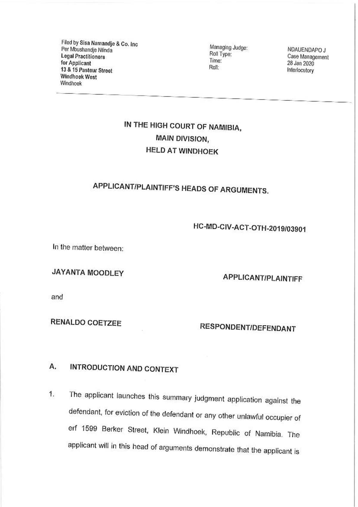 Heads of Arguments for Summary Judgment: Case No. NAHCMD 322 - Studocu