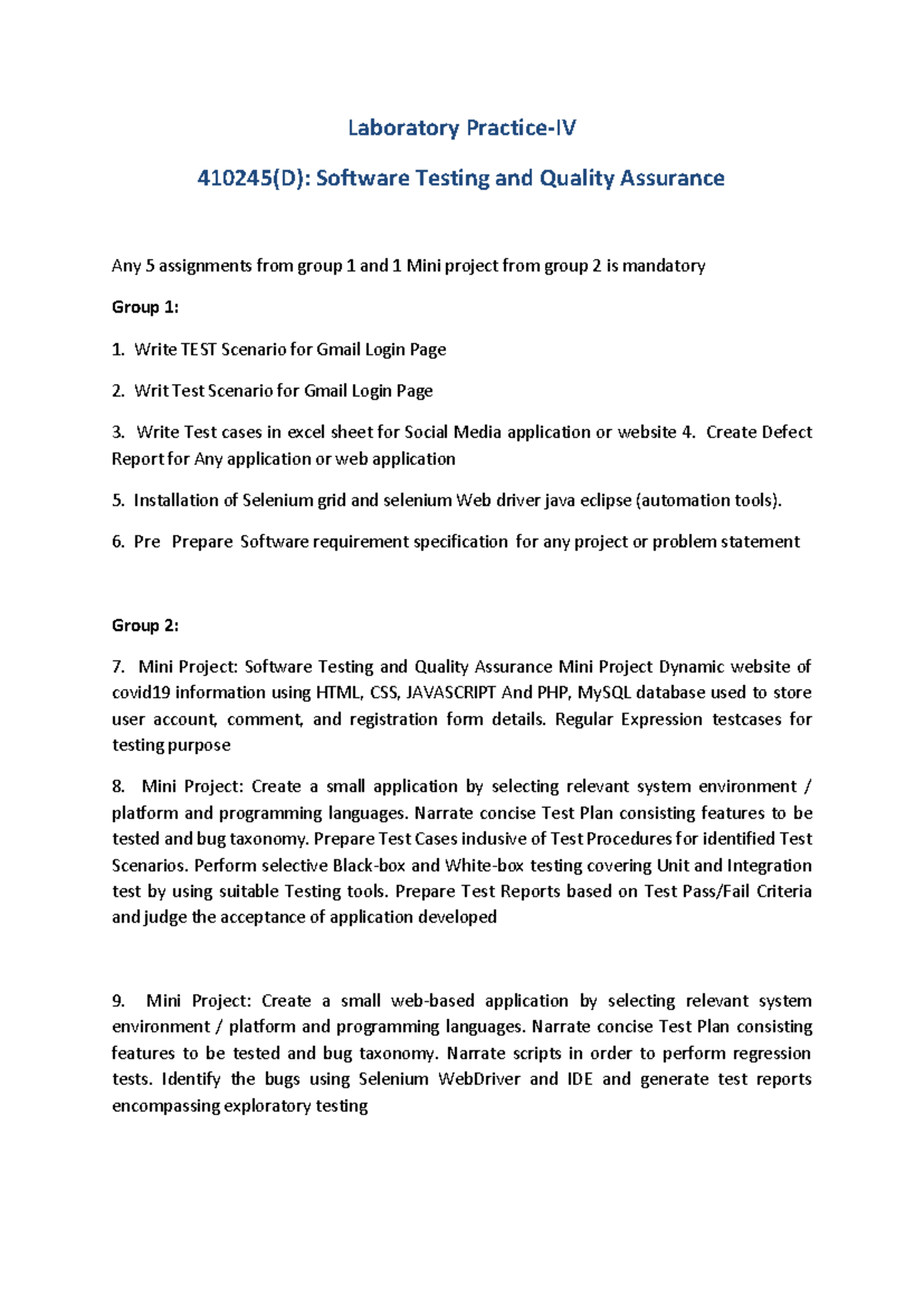 Software Testing & QA Lab Practice-IV: Assignments & Projects (410245D ...