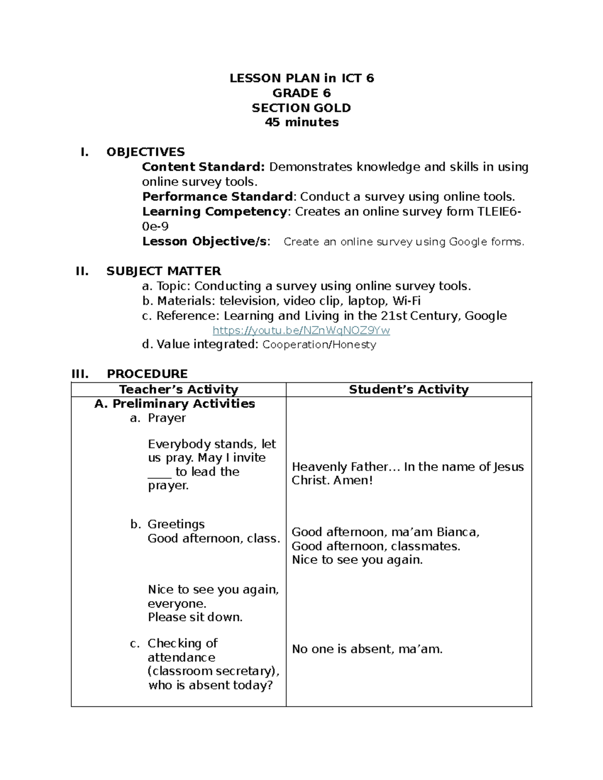 ICT 6 Lesson Plan: Creating Online Surveys Using Google Forms - Studocu