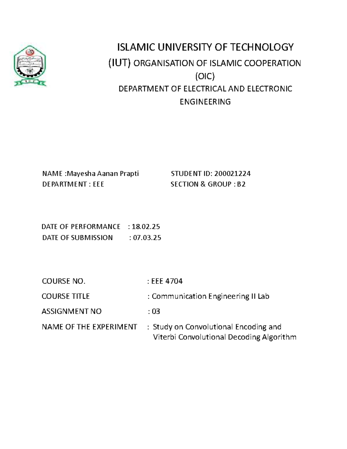 IUT EEE4704 Lab Report 03: Convolutional Encoding & Viterbi Decoding - Studocu