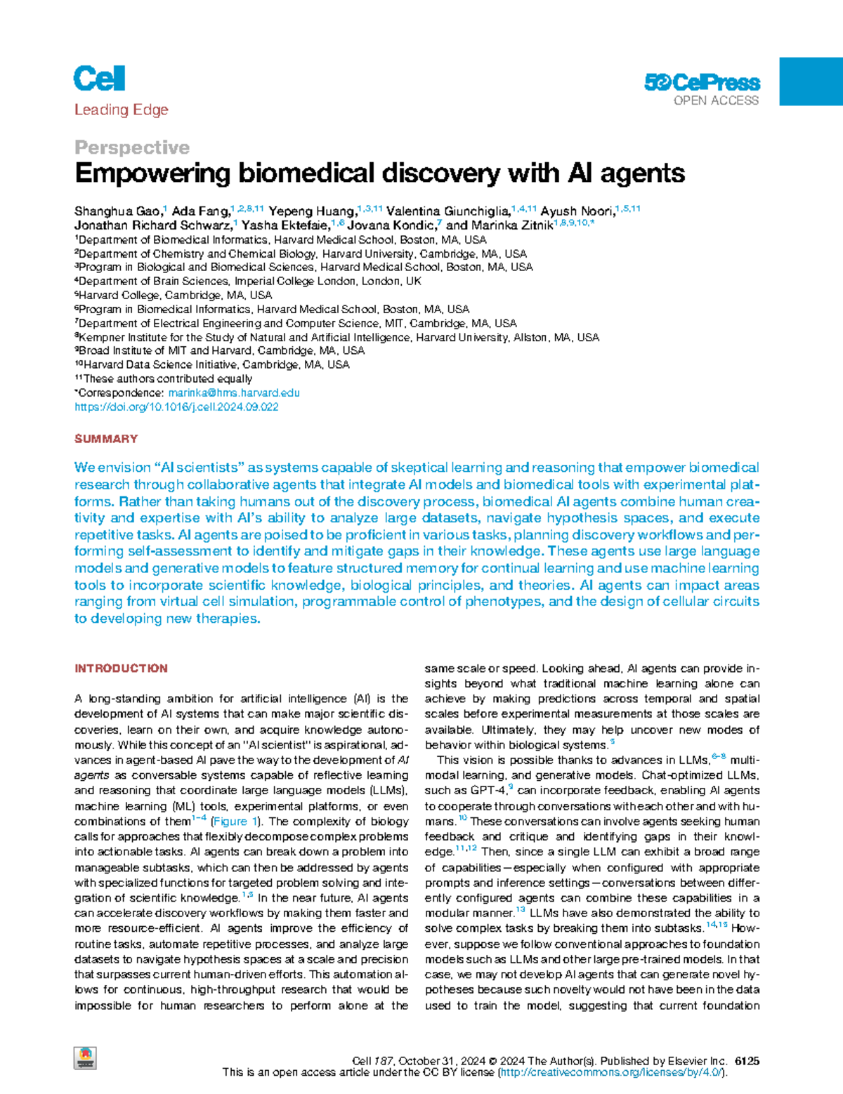 Empowering Biomedical Discovery with AI Agents: A Leading Edge Perspective - Studocu