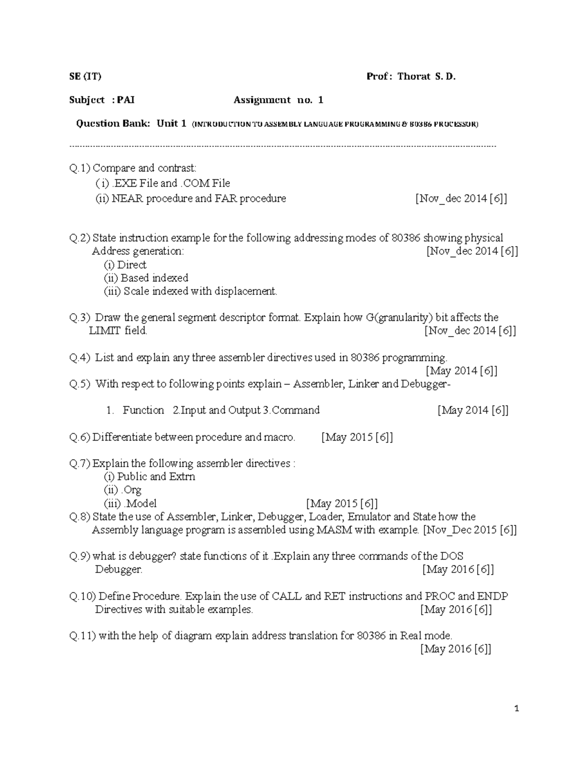 PAI Assignment 1: Question Bank on Assembly Language Programming 80386 ...