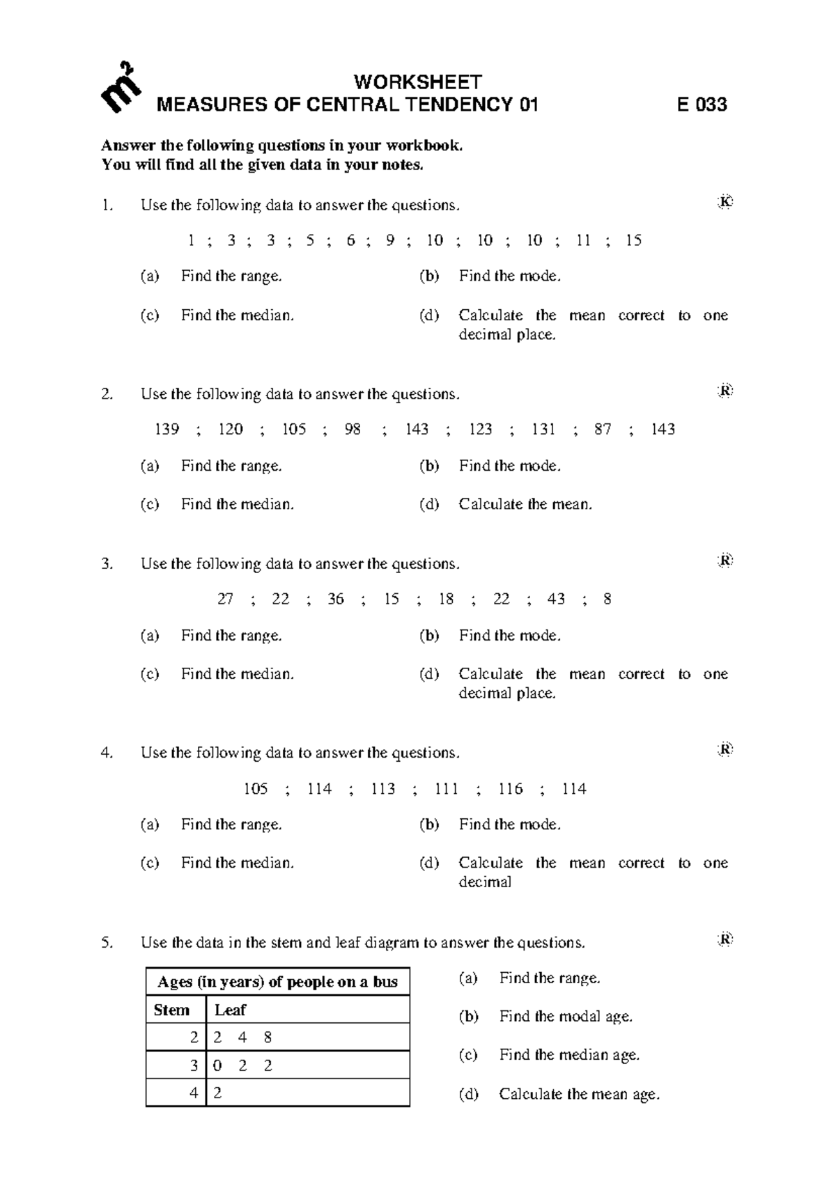 E033 W Central Tendency Worksheet: Data Analysis Problems - Studocu