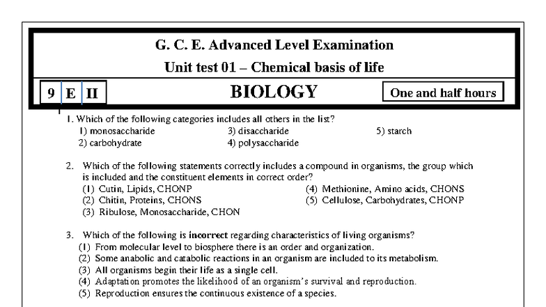 Unit Test 01: Chemical Basis of Life - G.C.E. Advanced Level Biology ...