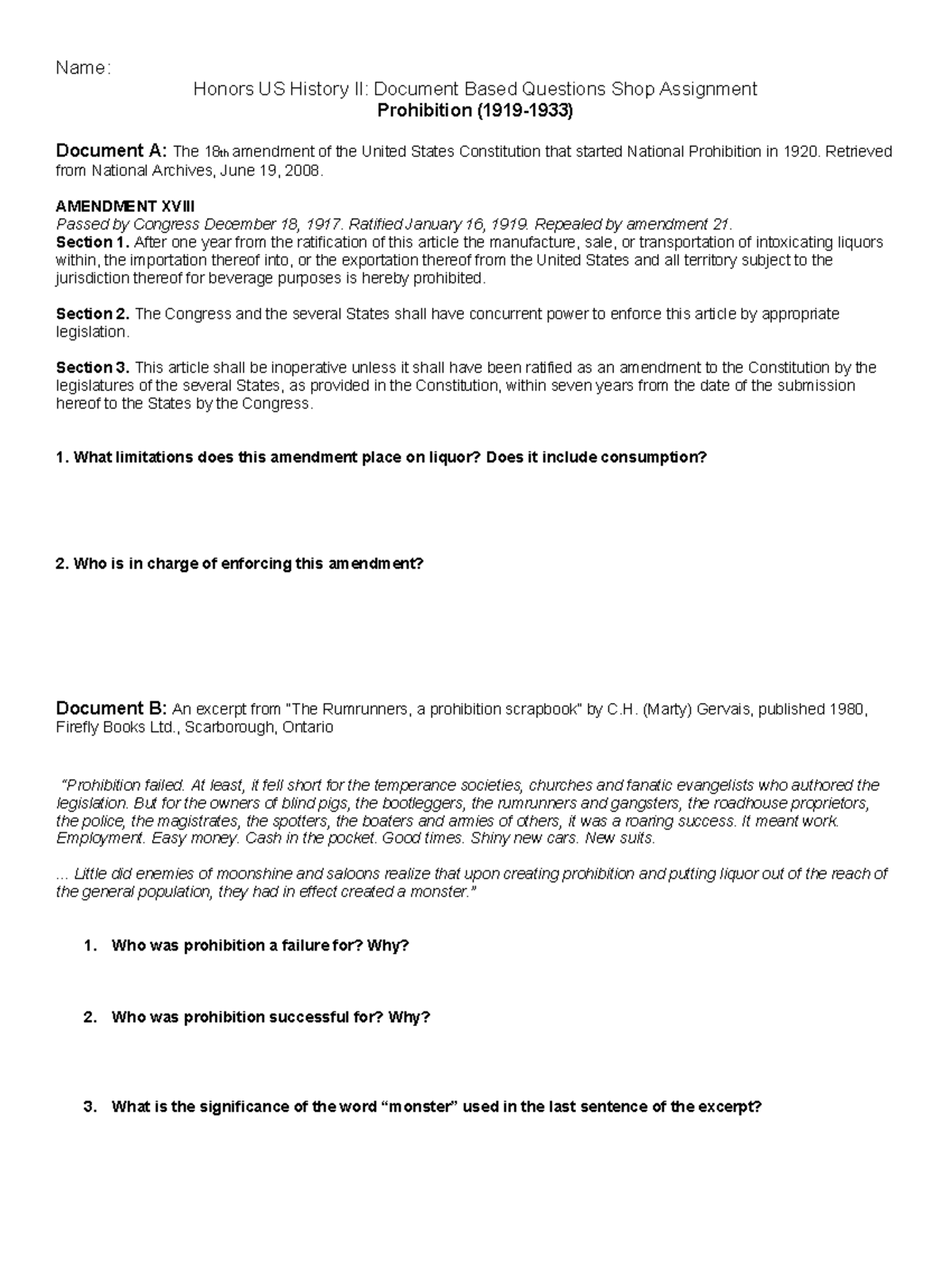 Prohibition DBQs - idk - Name: Honors US History II: Document Based ...