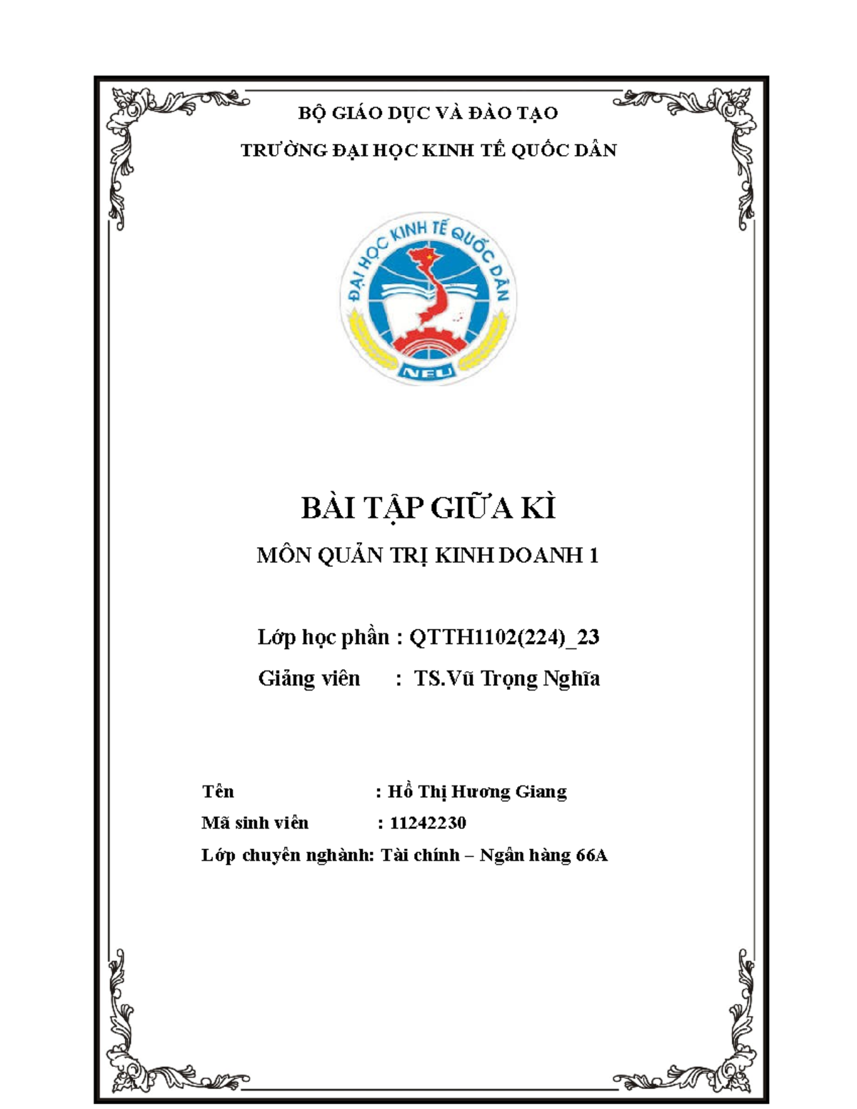 BÀI TẬP GIỮA KÌ MÔN QUẢN TRỊ KINH DOANH QTTH1102(224)_23 - Studocu