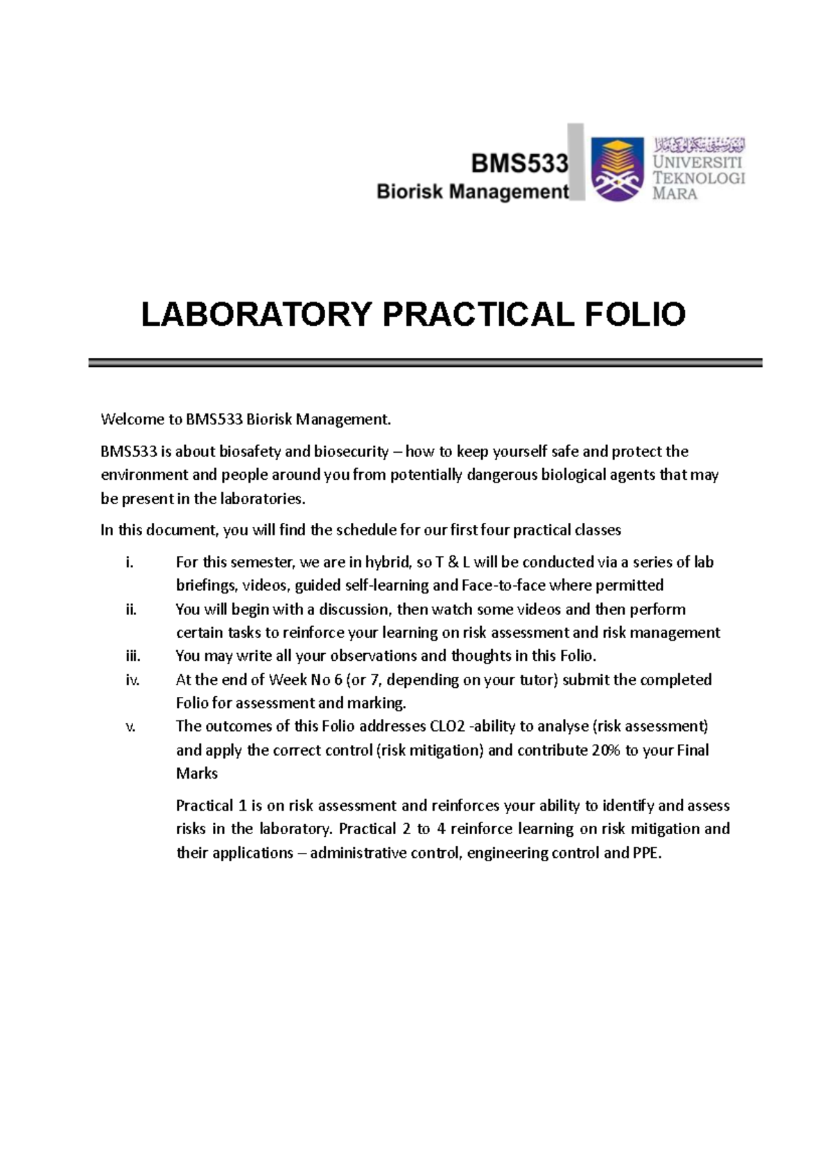 BMS533 - Laboratory Practical Folio: Biorisk Management Guidelines ...