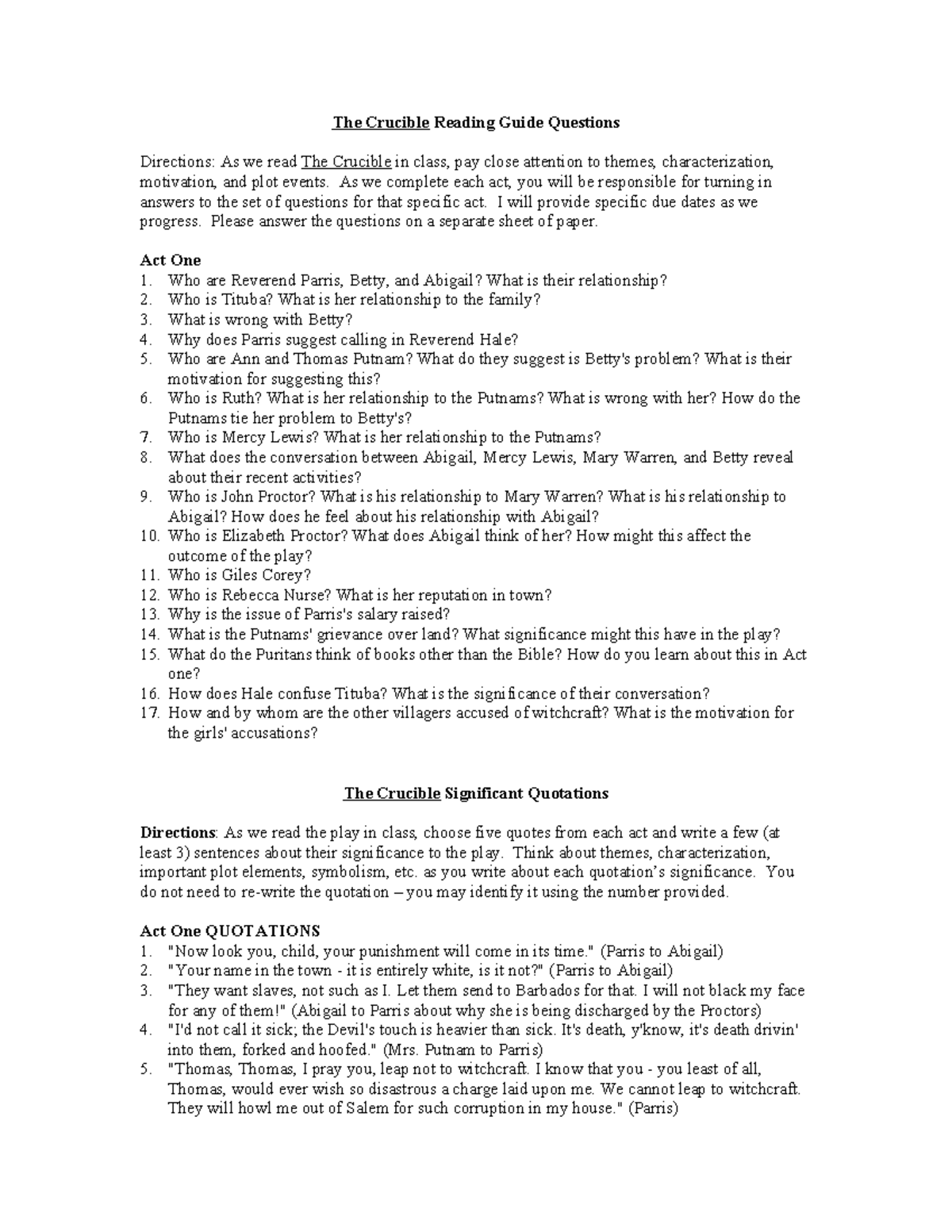 The Crucible (Act I) Reading Questions & Significant Quotations - Studocu
