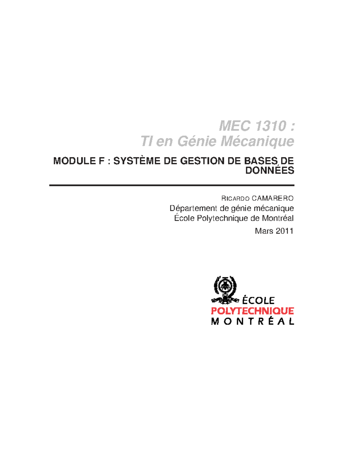 MEC 1310 : Notes de Module F sur les Systèmes de Gestion de Bases de ...