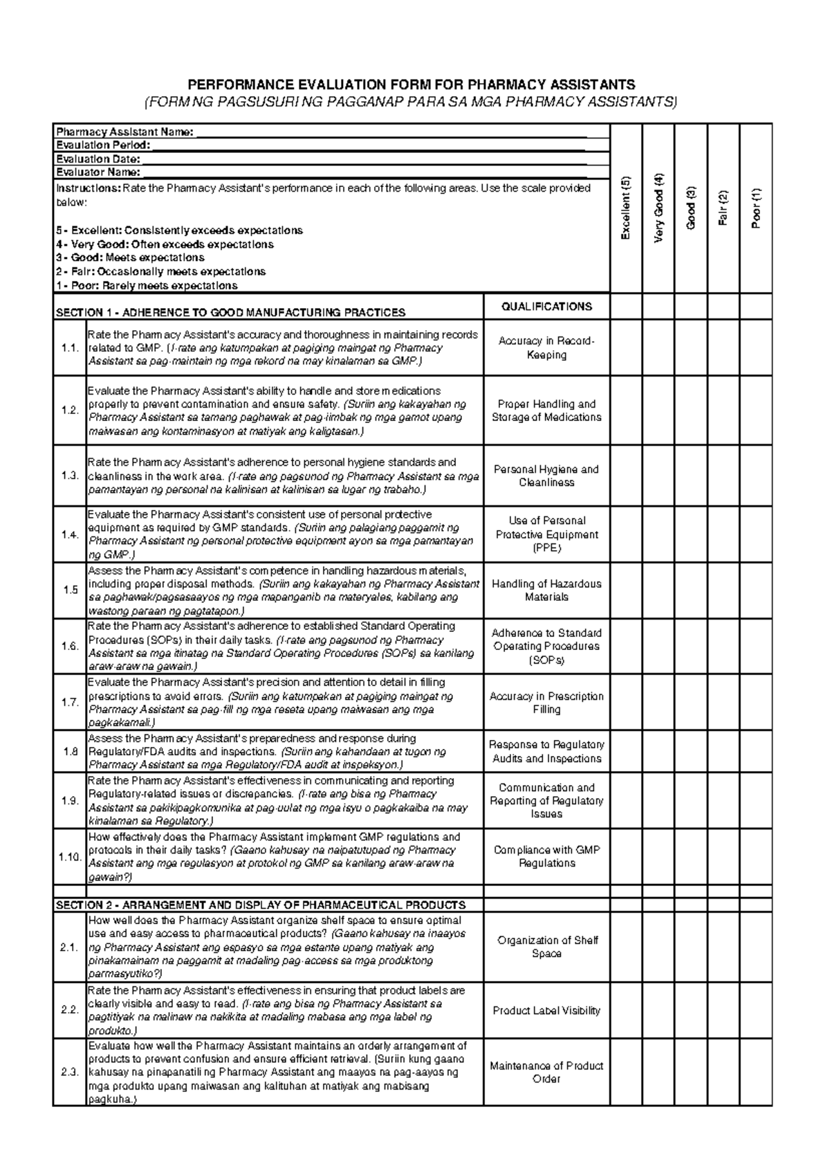 Performance Evaluation Form for Pharmacy Assistants (PHAR 101) - Studocu