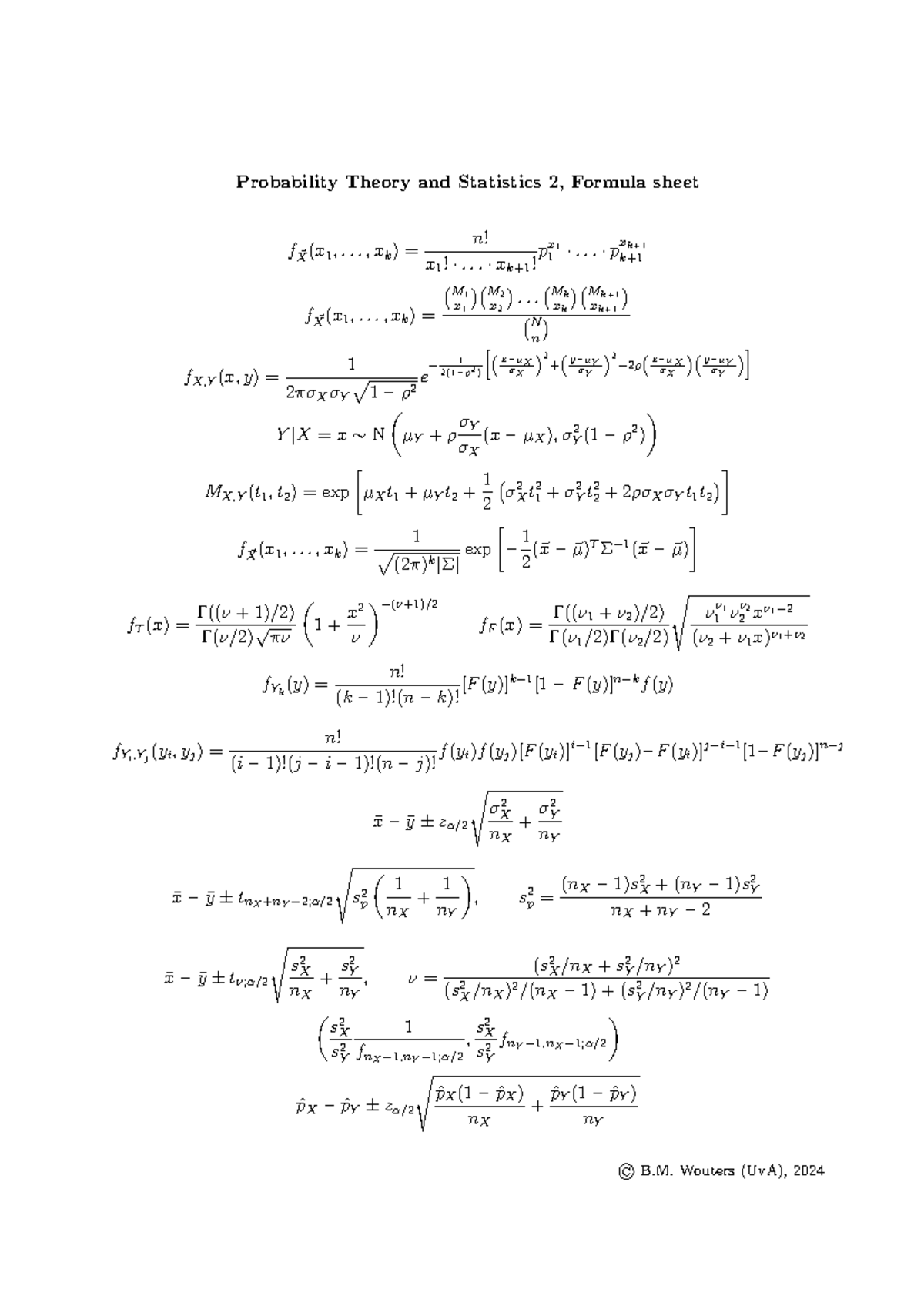 PTS2 Probability Theory & Statistics 2 Formula Sheet - Studeersnel