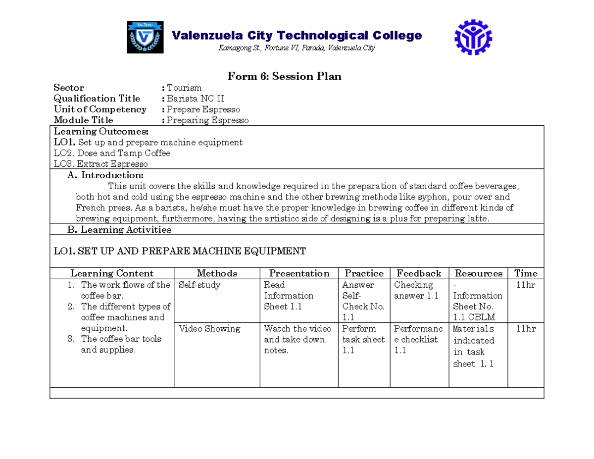 Barista NC II Session Plan: Preparing Espresso Techniques and Learning Outcomes - Studocu