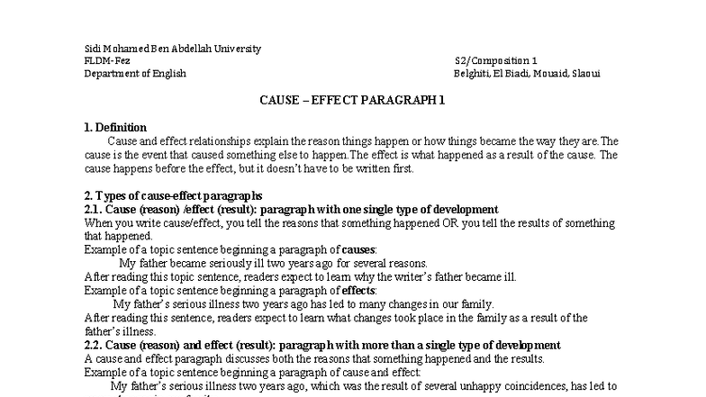 Cause and Effect Paragraphs: Practice Exercises for ENG101 - Studocu