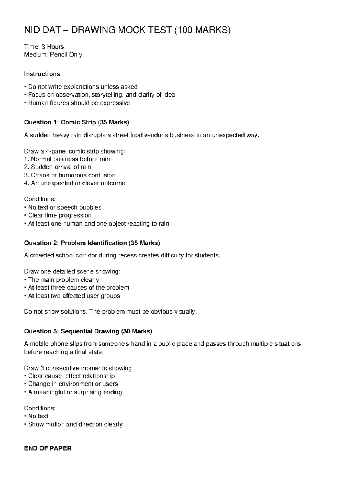 NID DAT 100 Marks Drawing Mock Test - Practice Paper - Studocu